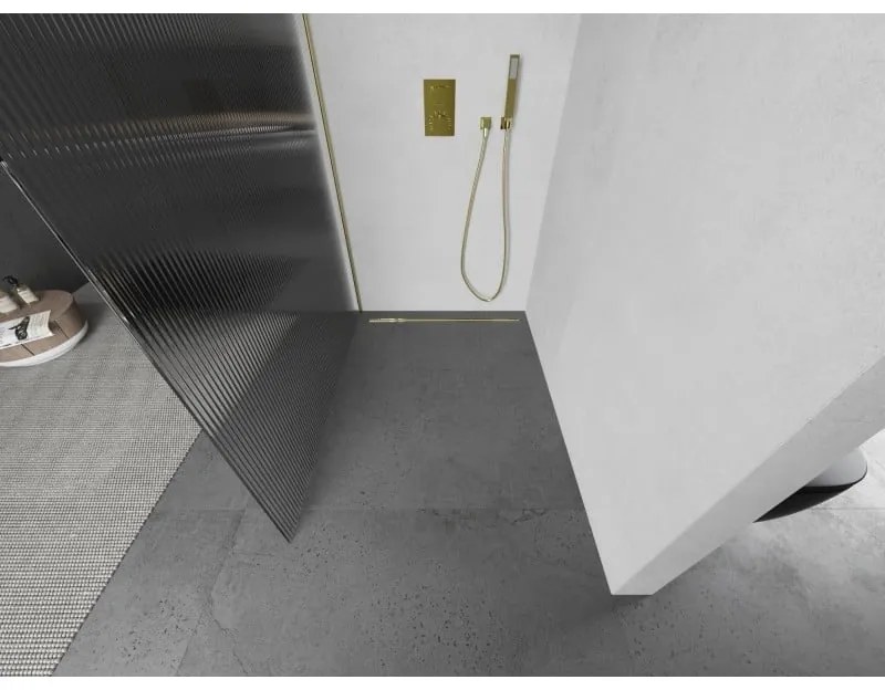 Mexen Kioto L, sprchová zástěna Walk-In 100 x 200 cm, 8mm sklo s žebrovým vzorem, zlatý matný profil, 800-100-103-55-09