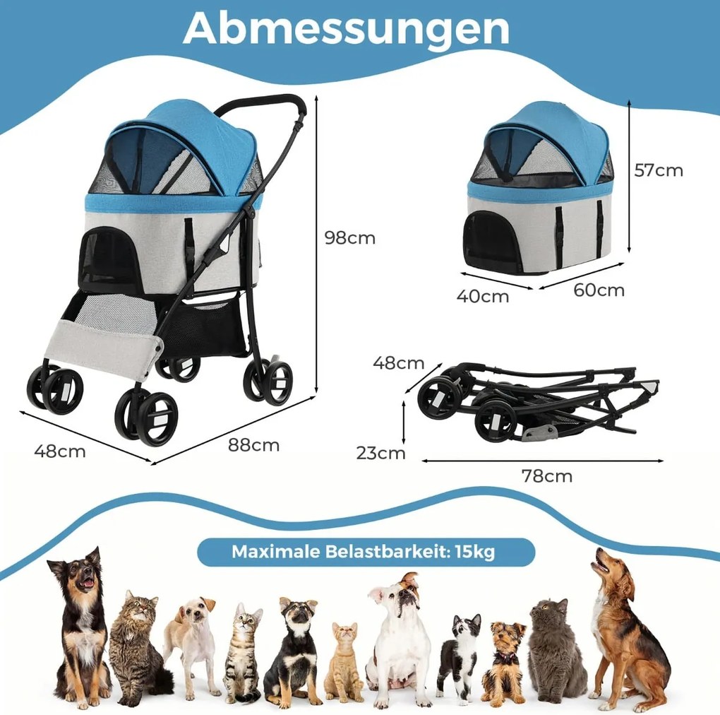 Costway 3 v 1 Psí kočárek psí buggy skládací až 15 kg Vozík pro mazlíčky