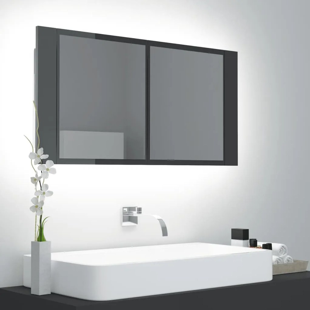 804979 vidaXL LED koupelnová skříňka se zrcadlem lesklá šedá 90 x 12 x 45 cm