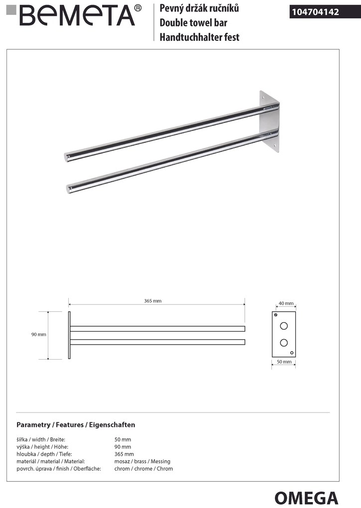 Bemeta Design OMEGA: Držák ručníků dvojitý 365 mm - 104704142
