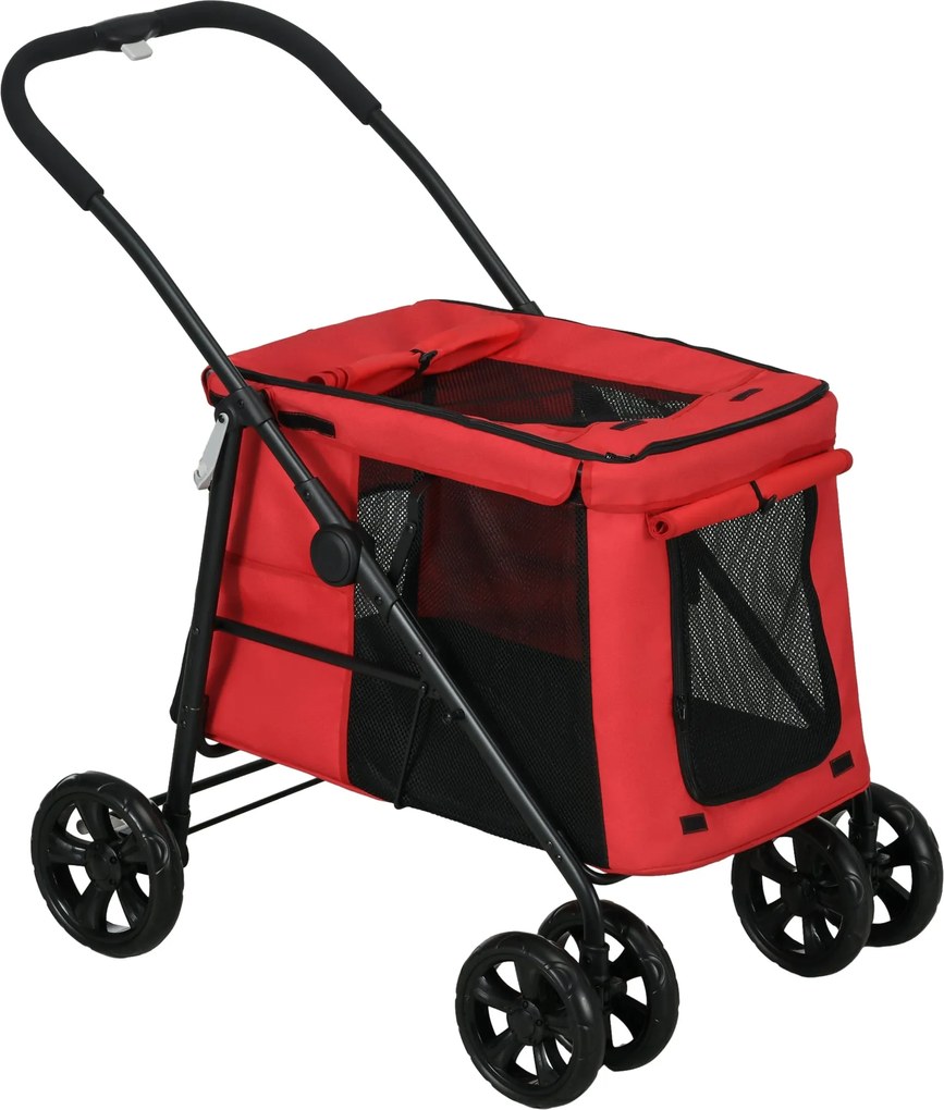 Skládací kočárek pro domácí mazlíčky PawHut pro psy a kočky, včetně polštáře, kol s brzdou, 600D Oxfordská tkanina, ocel, 102 x 62 x 105 cm, červená |