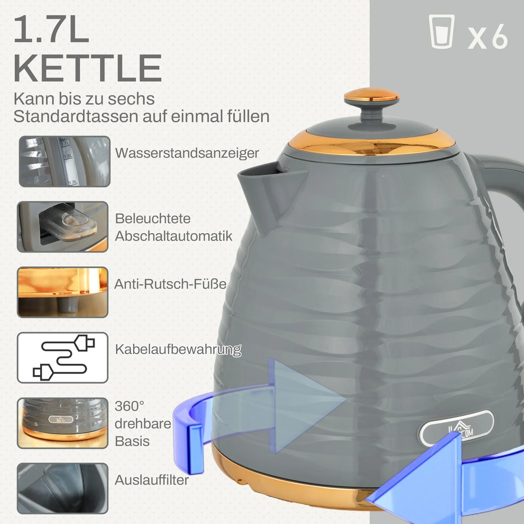 HOMCOM snídaňový set konvice a topinkovač 1,5 l konvice 4 plátky topinkovače 3000 W 7 stupňů propečení rozmrazování a ohřívání Šedá