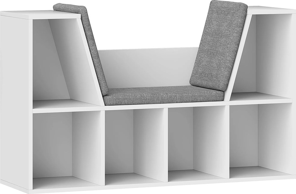 HOMCOM Knihovna s polštářem, úložný regál se 6 přihrádkami, vzhled lnu, malá knihovna do obývacího pokoje, ložnice, 105 x 30 x 63 cm, bílá | Aosom