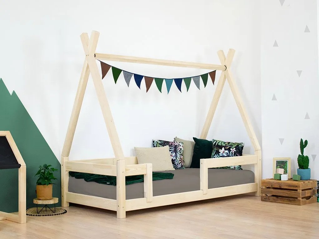 Benlemi Dětská dřevěná postel NAKANA ve tvaru teepee s bočnicí Zvolte barvu: Šalvějová zelená, Zvolte rozměr: 90x160 cm