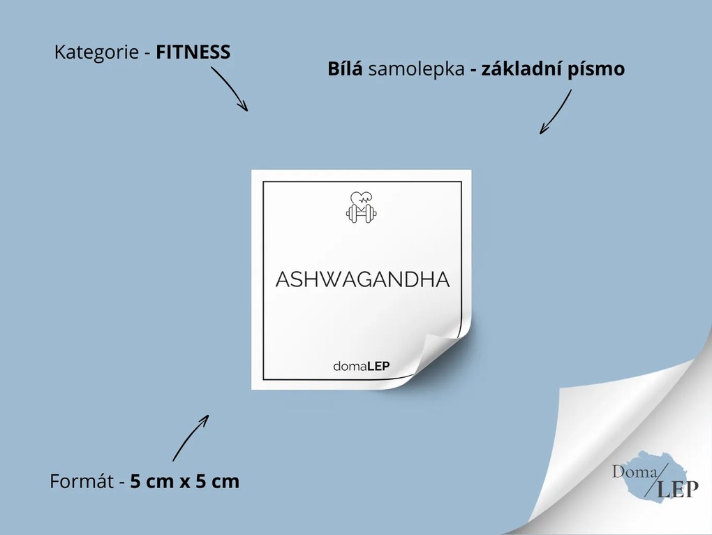 ASHWAGANDHA - Samolepka na dózu pro fitness doplňky - DomaLEP tvar: OBDÉLNÍK, barva: BÍLÁ - ČERNÉ písmo, velikost: š. 6 cm x v. 8 cm – základní písmo