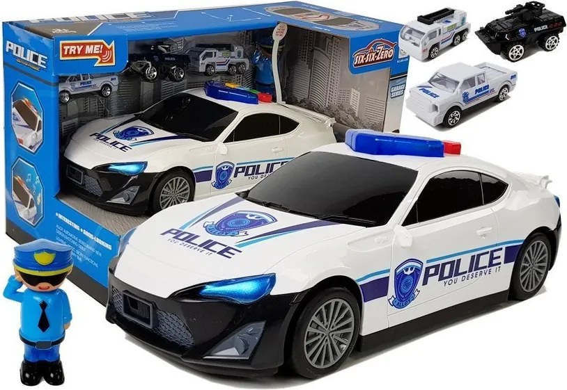 LEAN Toys Policejní auto, úložný prostor, garáž 2 v 1, policista, malá autíčka, zvuky, světla