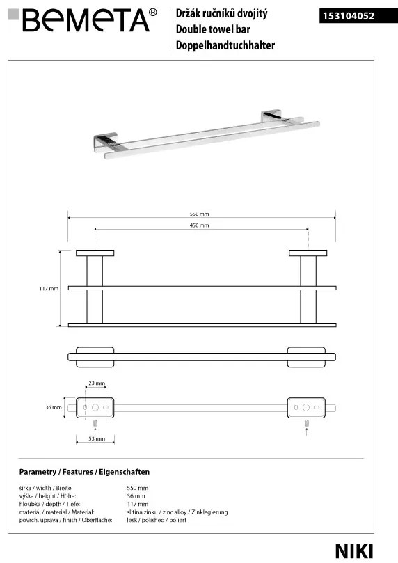 Bemeta Design NIKI: Držák ručníků, 450 mm, dvojitý - 153104052