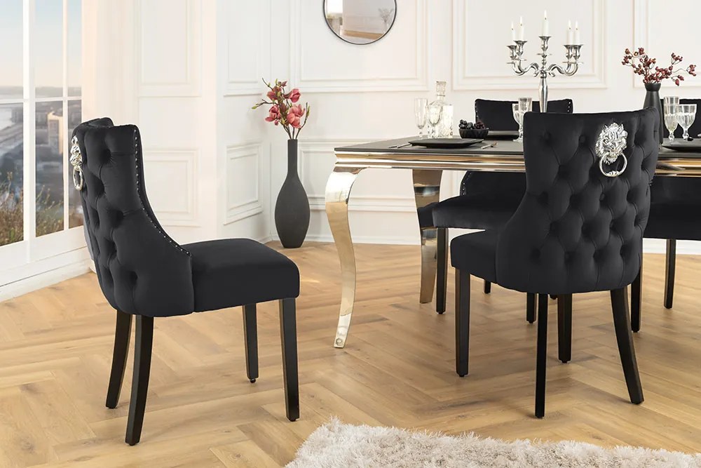 Designová židle Queen Lví hlava černý samet - skladem