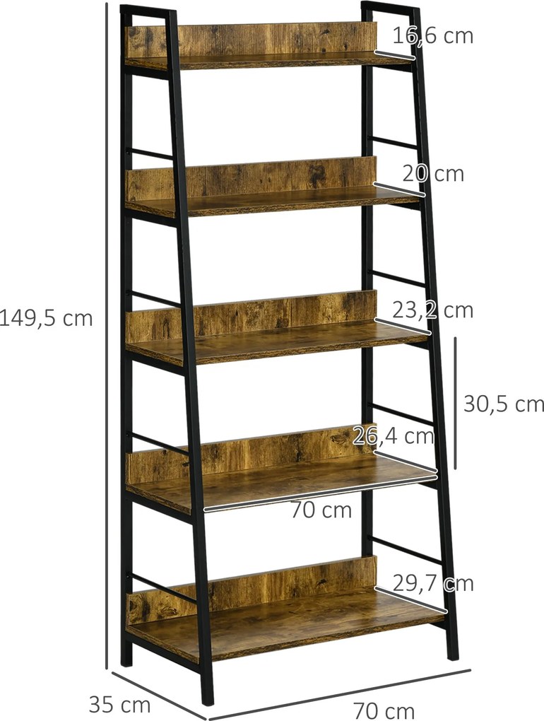HOMCOM Knihovna v industriálním stylu, nakloněná, 5 polic, 70L x 35W x 150H cm | Aosom