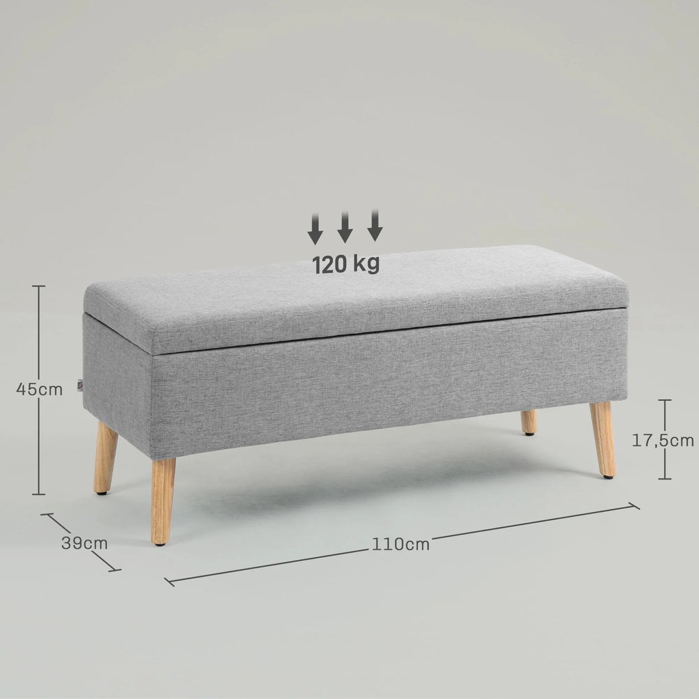 HOMCOM Lavice Čalouněná lavice s úložným prostorem 110 x 39 x 45 cm v šedé barvě se vzhledem lnu do předsíně ložnice obývacího pokoje z kaučukového d…