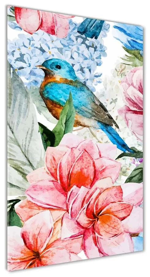Wallmuralia Foto obraz fotografie na skle Květiny a ptáci 70x140 cm