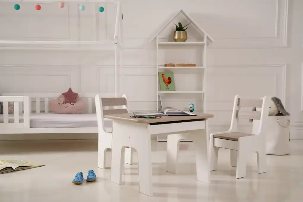 Vingo Dětský stolek a 2 židličky s šuplíky v dubovém odstínu | BIANO
