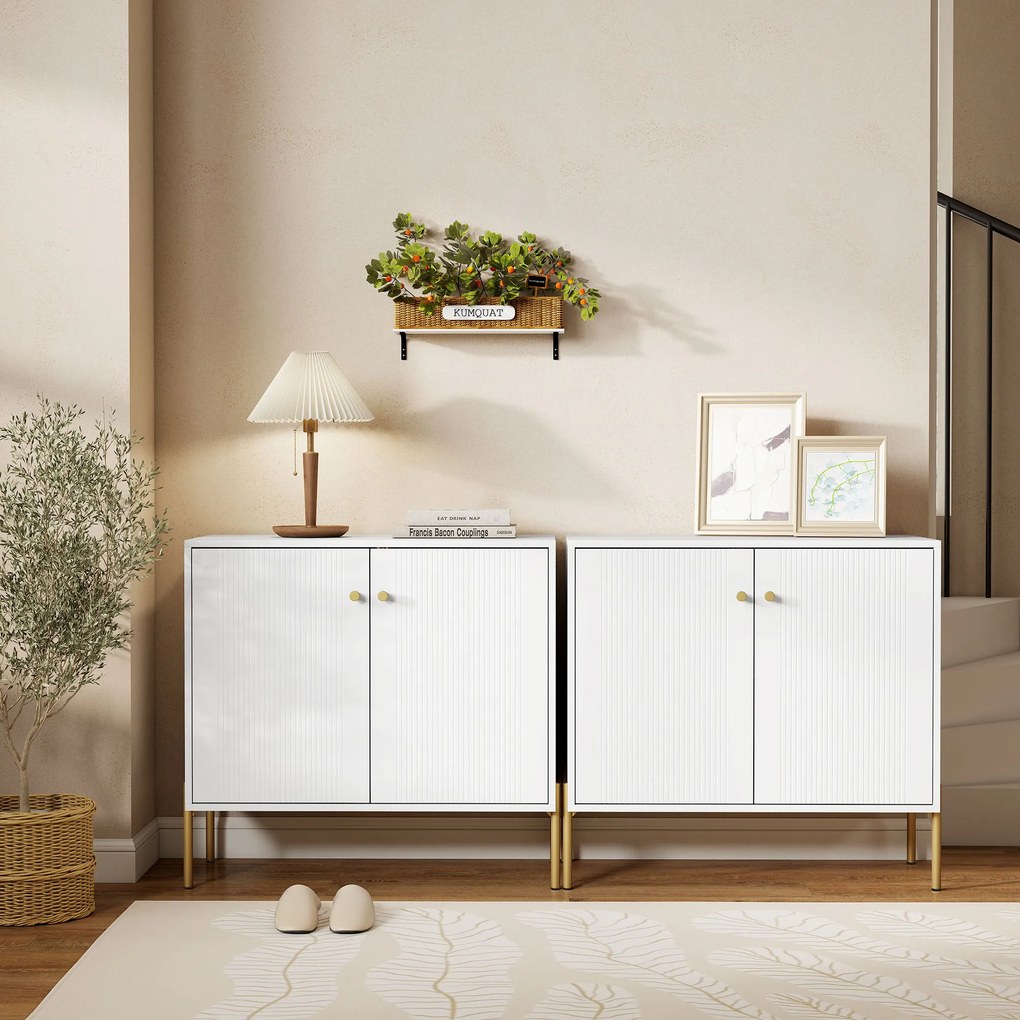 HOMCOM Moderní sideboard 2 dveře – mramorový vzhled, nastavitelný prostor, kovové nohy, bílé, 80 x 39,1 x 76 cm