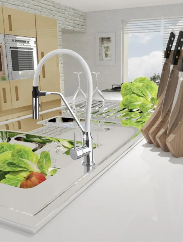 Invena Terra, kuchyňská baterie s elastickým ramenem, bílá-chromová, INV-BZ-54-L02-D