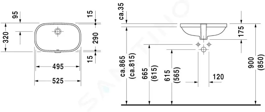 DURAVIT - D-Code Umyvadlo zápustné 495x290 mm, bez otvoru pro baterii, bílá (0338490000)