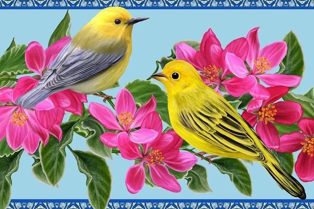 Obraz ptáčky a květiny ve vintage provedení - 60x40 cm
