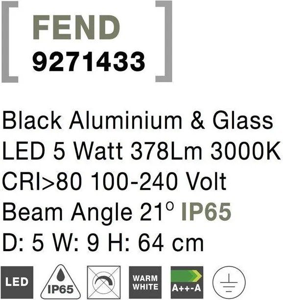 NV 9271433 Venkovní sloupkové svítidlo FEND černý hliník a sklo LED 5W 3000K 100-240V 21st. IP65 - NOVA LUCE