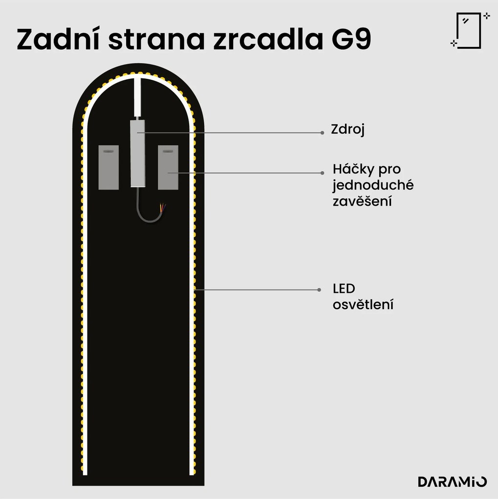 Obloukové zrcadlo do koupelny s LED osvětlením G9