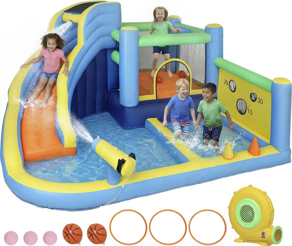 AIYAPLAY Skákací hrad s fukarem 9v1, vodní park, skluzavka, trampolína, bazén s míčky, Oxford, vícebarevný