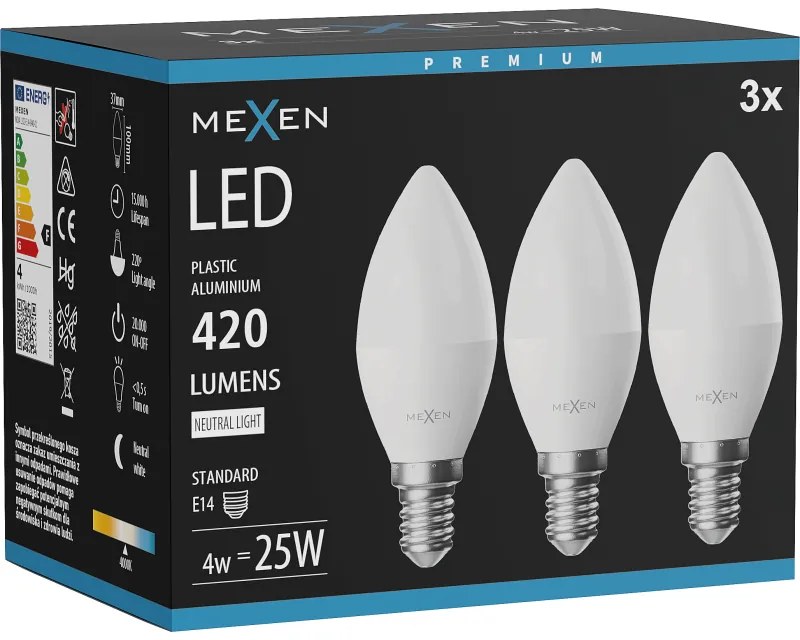 Mexen Nova 3x LED žárovka E14, C37, 4W, Neutrální - 4000K, 420 lm - L102-E14-0440-01x03