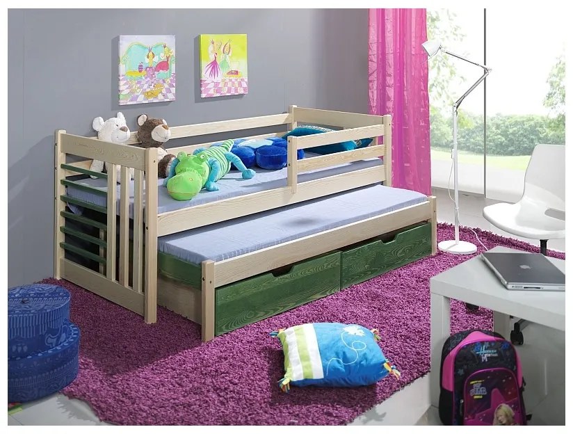 Dětská postel s přistýlkou, zábranou a úložným prostorem SIMON, masiv borovice , Přírodní