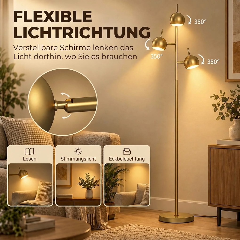 HOMCOM Stojací lampa 350° nastavitelná pro obývací pokoj a kancelář, stojací lampa se 3 stínidly z oceli, zlatá