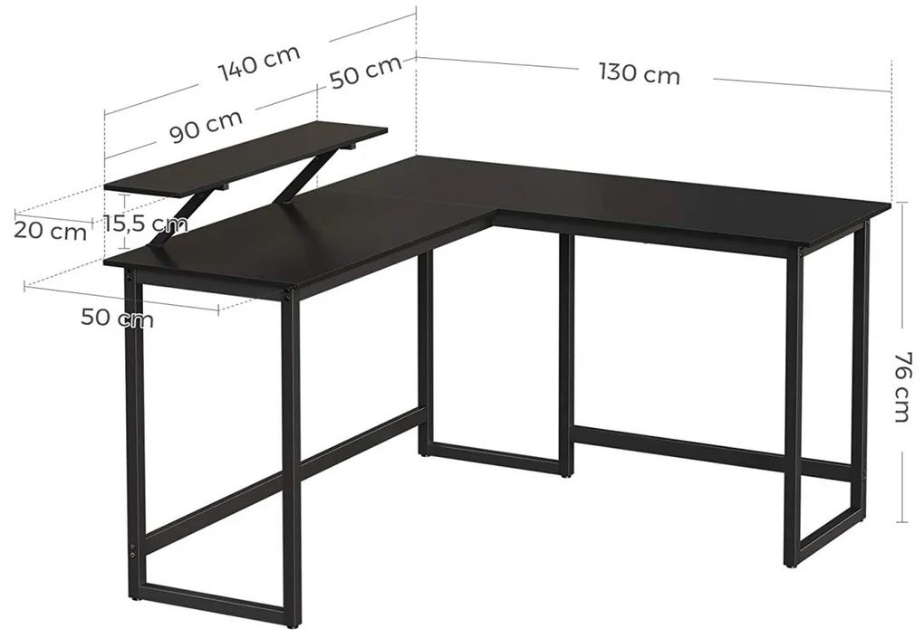 VASAGLE Psací stůl rohový s policí černý 140 x 76 x 130 cm