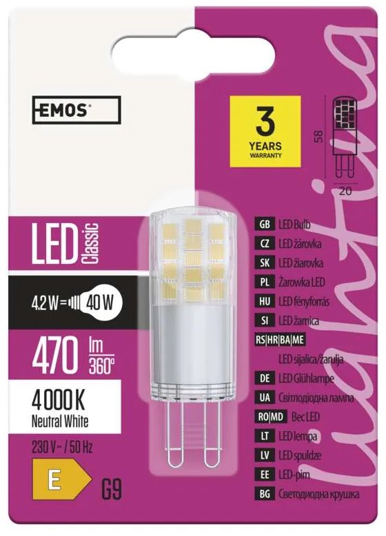 Emos lighting LED žárovka Classic JC 4,2W G9 neutrální bílá
