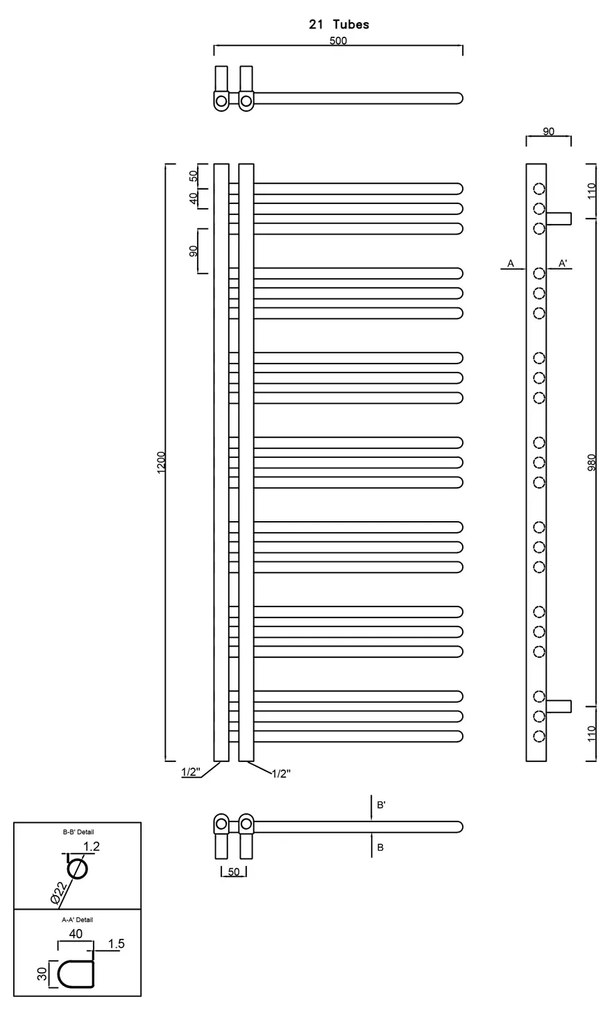 Sapho DORLION 500 x 1200 mm 1130-21 otopné těleso černá mat