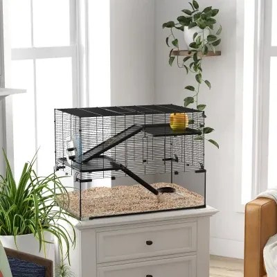 PawHut klec pro křečky, hlodavčí klec, 3 úrovně s kolotočem, rampami, domečkem, napáječem, miskou na krmivo, 76,5L x 48,5L x 54,5H cm, černá