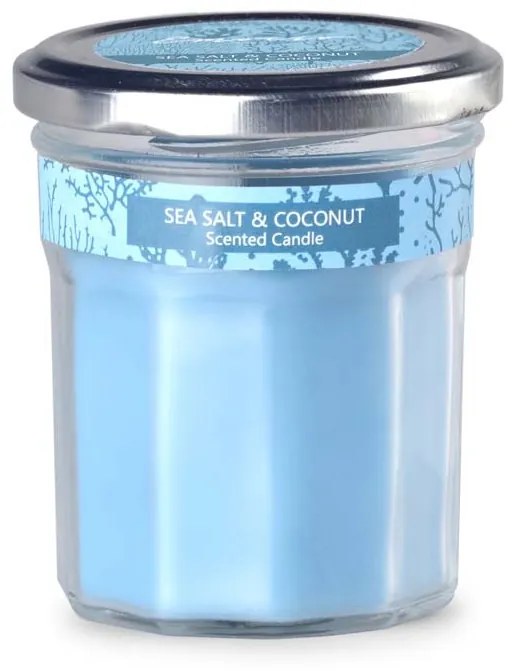 Emocio Sklo modré 69x85 mm s plechovým víčkem, Sea salt & Coconut vonná svíčka