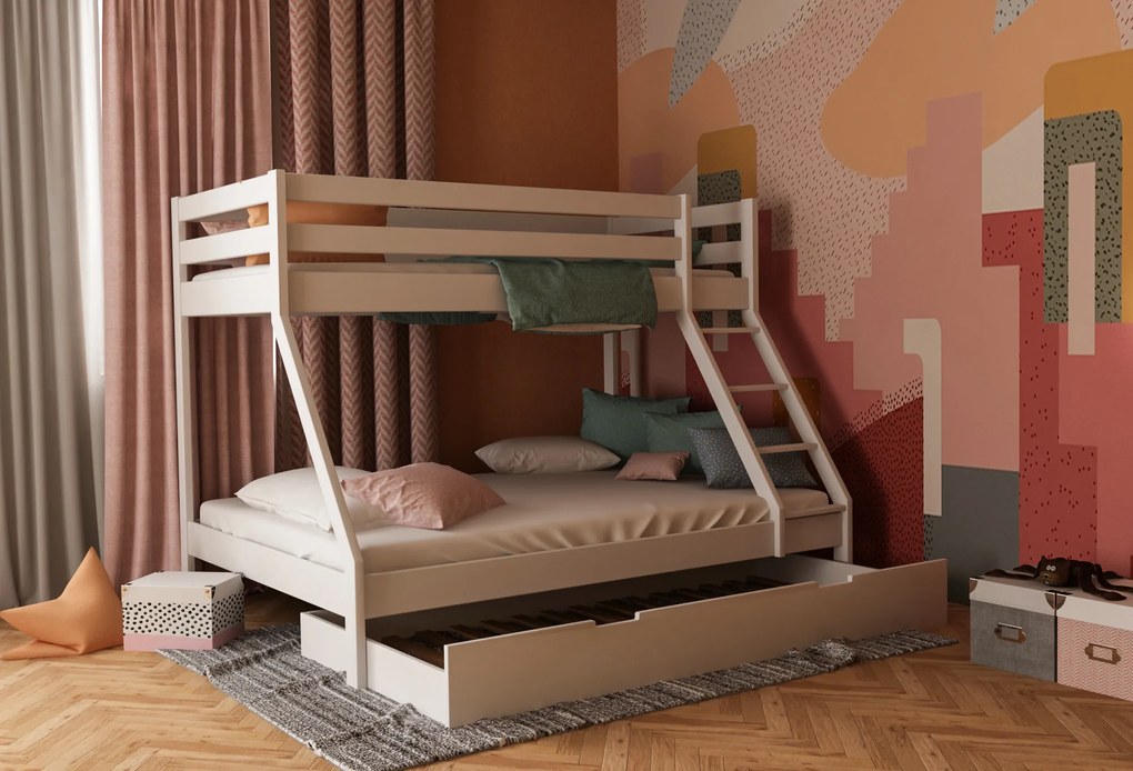 MAXMAX Dětská patrová postel s rozšířeným spodním lůžkem z MASIVU BUK - MAXIM 200x90cm - bílá