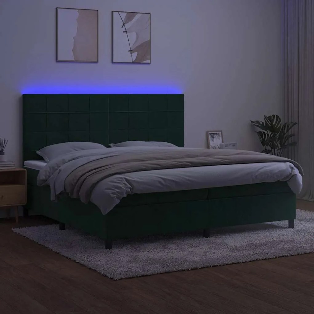 Box spring postel s matrací a LED tmavě zelená 200x200 cm samet 3136146