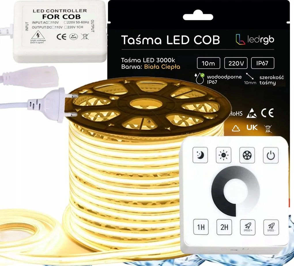 Set Led pásek Cob 230V 10 m 3000K Bílý Teplý Napájecí Zdroj Ovladač Dálkový Ovladač