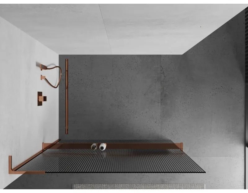Mexen Kioto+ L, sprchová zástěna Walk-In s poličkou a věšákem 100 x 200 cm, 8mm sklo s žebrovým vzorem, růžové zlato profil, 800-100-123-60-09