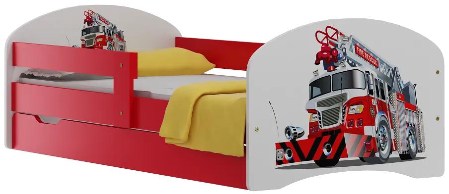 Dětská postel s motivem MALÝ HASIČ  se zábranou Rozměr: 200x90, Matrace: včetně matrace RELAX, Barevná kombinace: ŠVESTKA / BÍLÁ