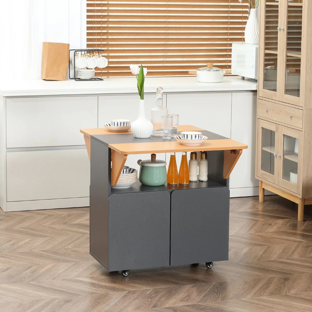 HOMCOM Skládací stůl šetřící prostor pro 4 osoby s 4 kolečky, skrytým regálem a skříňkou s dvířky, 70x83x75 cm, Žlutý a Šedý | Aosom