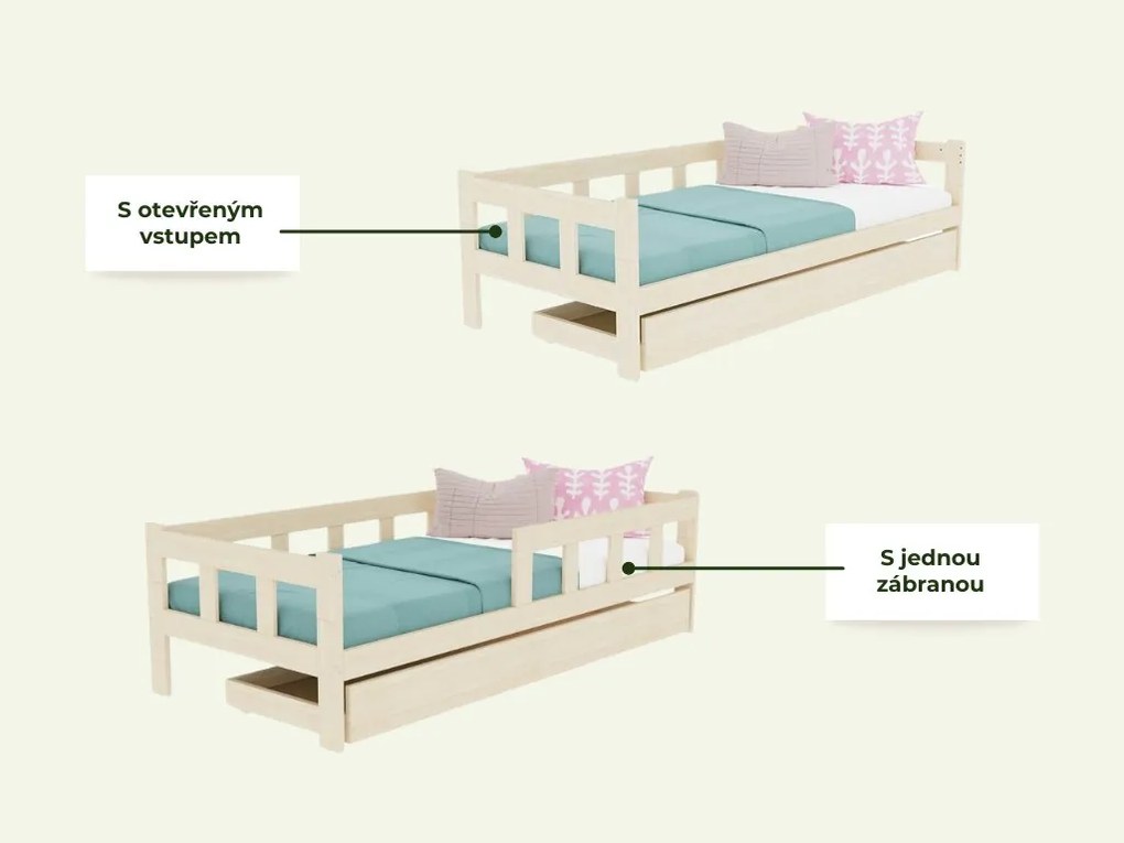 Benlemi Jednolůžko FENCE 4v1 90x200 cm se zábranou a úložným šuplíkem + matrace ADAPTIC Zvolte barvu: Nelakovaná, Zvolte zábranu: S otevřeným vstupem