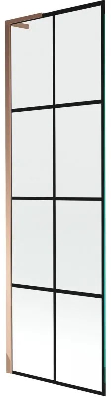 Mexen Next L, 1-křídlová vanová zástěna 60 x 150 cm, 6mm čiré sklo-černý vzor, růžové zlato profil, 895-060-000-03-77-60