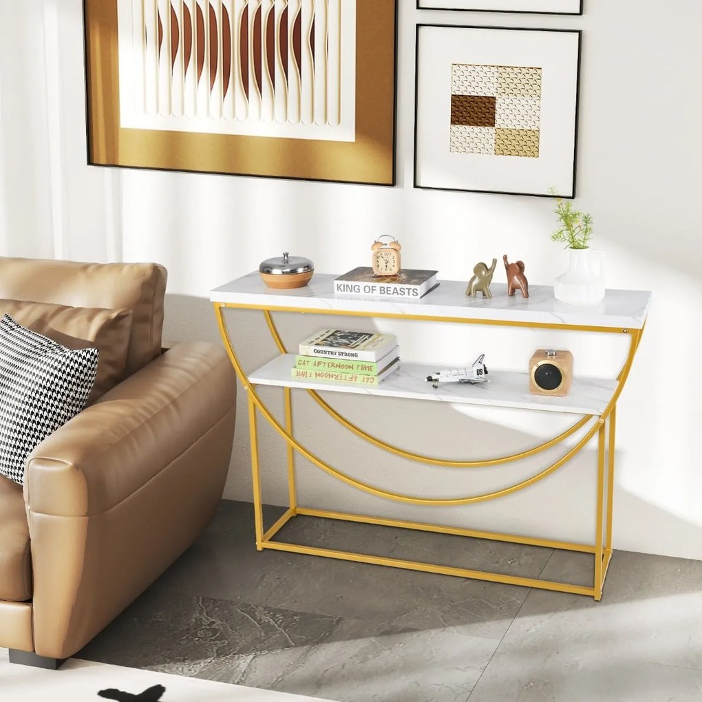 Costway Úzký konzolový stůl s mramorovou deskou 2 úrovně Sofa Table, bílý