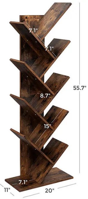 Vasagle Rustikální osmipatrová stromová knihovna regál 50x25x141,5cm hnědá