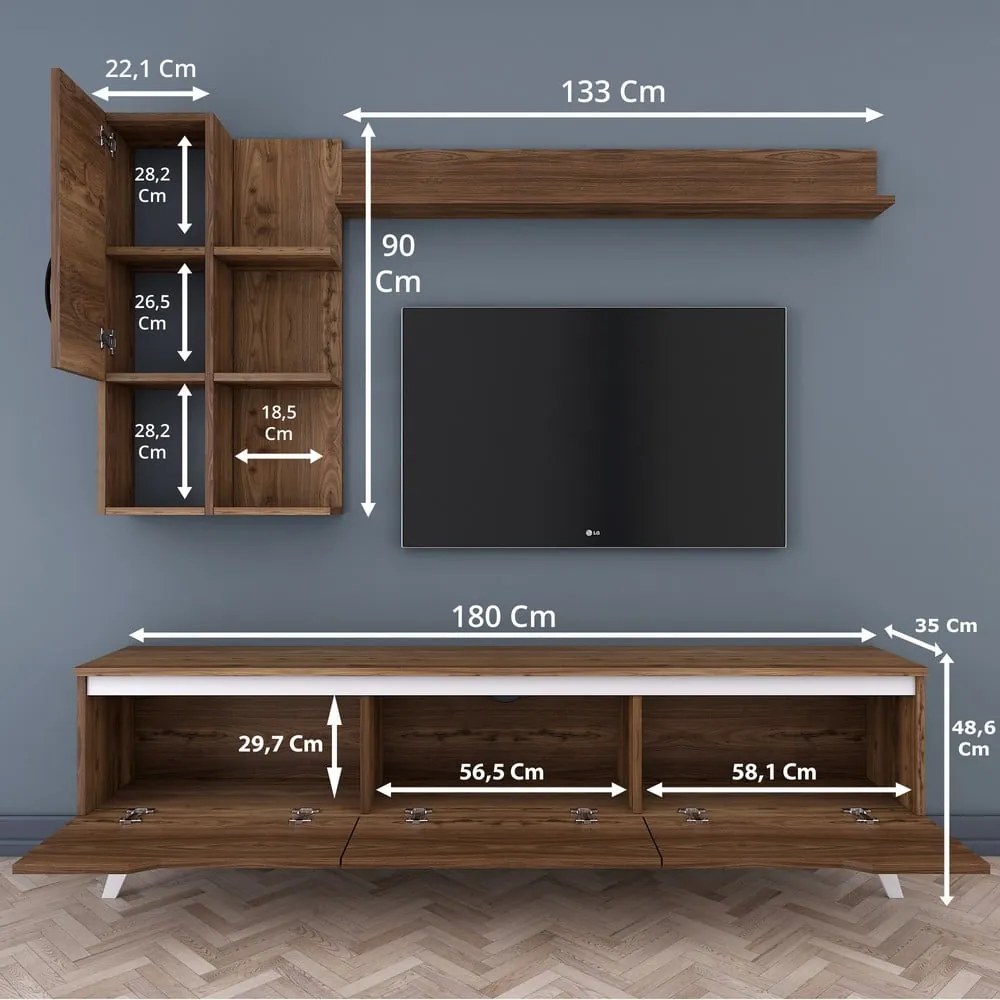 Set TV stolku a 2 nástěnných polic v dřevěném dekoru Nut