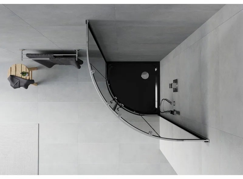 Mexen Rio, čtvrtkruhový sprchový kout s posuvnými dveřmi 90 x 90 cm, 5mm šedé sklo, chromový profil + černá sprchová vanička, 863-090-090-01-30-4170