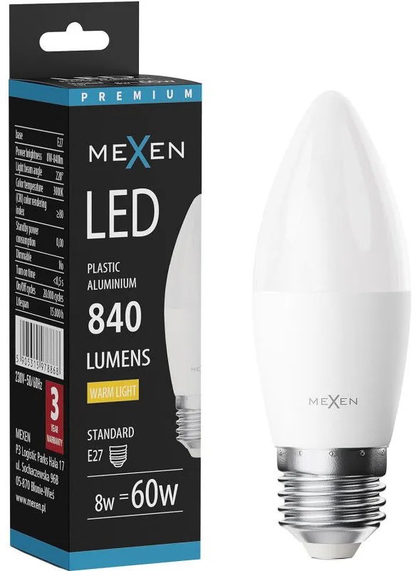Mexen Nova LED žárovka E27, C37, 8W, Teplá - 3000K, 840 lm - L102-E27-0830-01