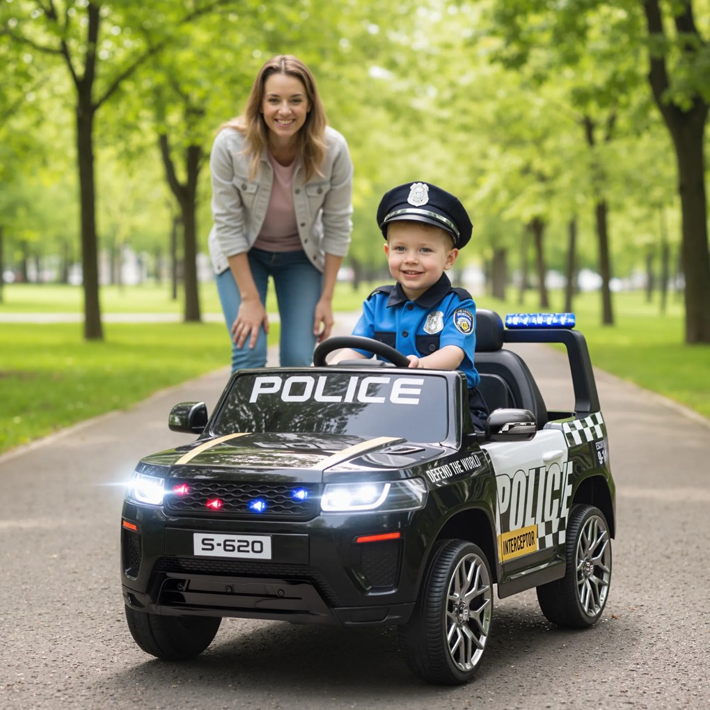 AIYAPLAY policejní elektrické dětské auto s dálkovým ovládáním, pohon na dvě kola, siréna, 4-kolová odpružení a světla, černé