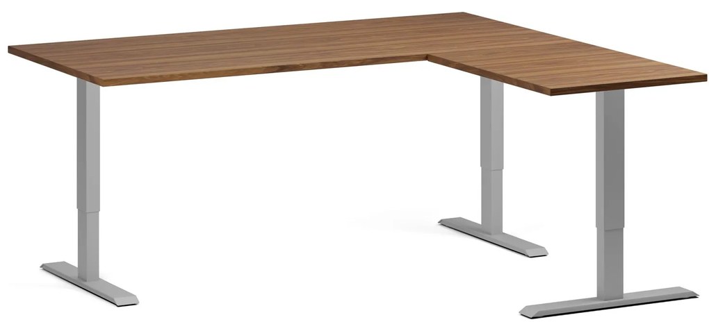 Rohový výškově nastavitelný stůl, 180x160 cm, 3 motory, L/P, šedá podnož, ořech