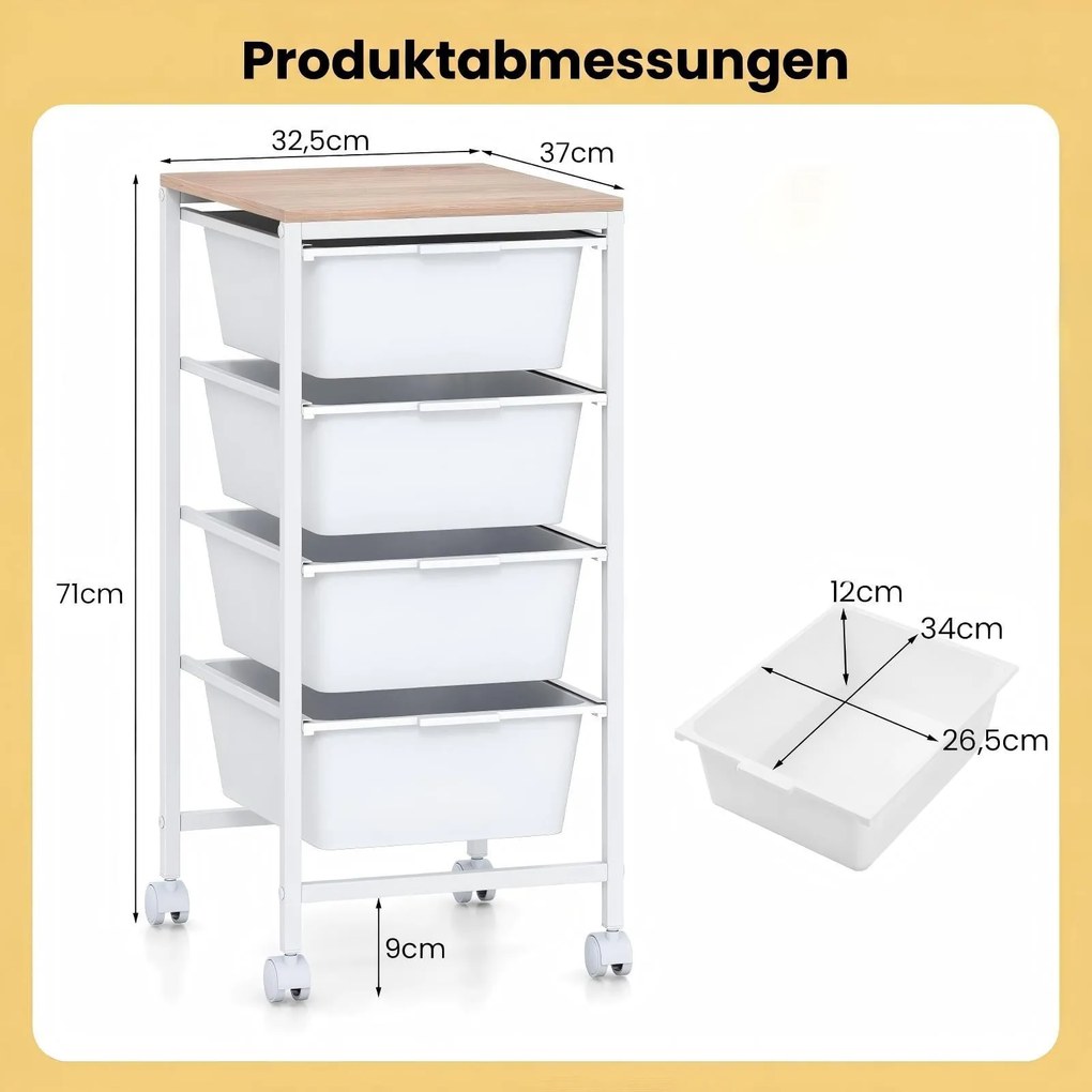 Costway Pojízdný zásuvkový vozík s 4 zásuvkami z plastu – 37 × 32,5 × 71 cm