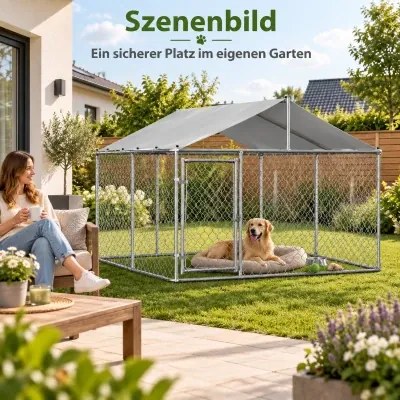 Aosom Venkovní výběh pro psy se střechou, psí kotec 230 x 117 cm, 32mm pozinkovaná ocel, zámek na dveřích, zemní kotvy, stříbrný