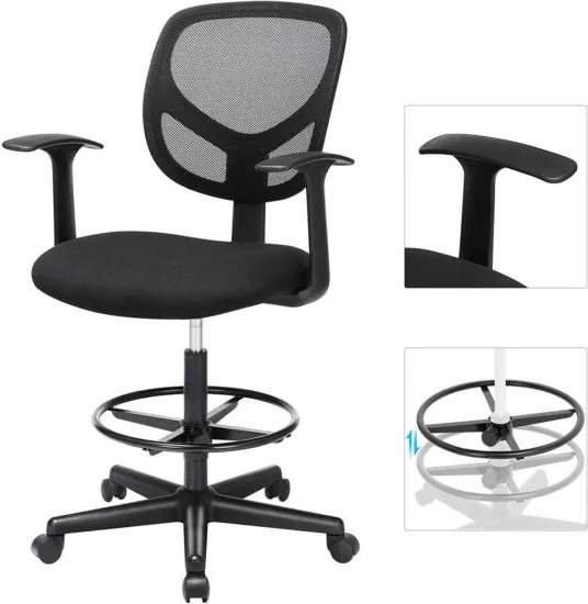Ergonomická kancelářská židle s opěrkami, vysoká otočná židle s výškou sedáku 55-75 cm, černá