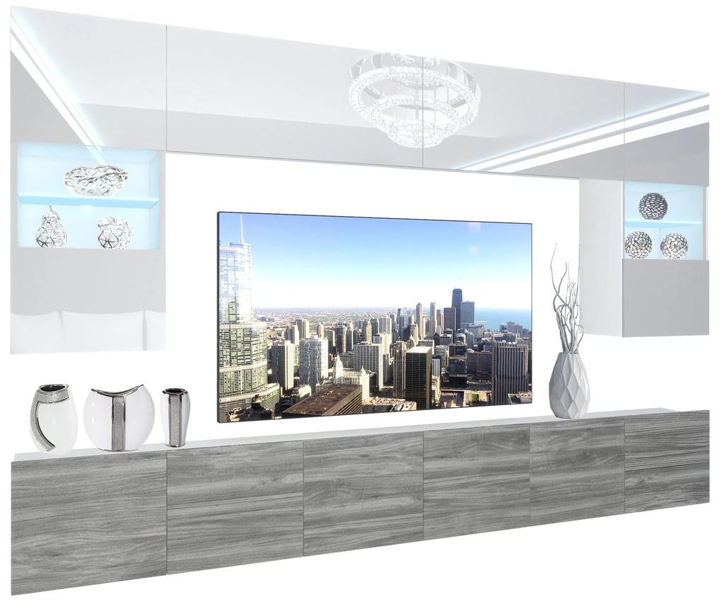 Obývací stěna Belini Premium Full Version  bílý lesk / šedý antracit Glamour Wood + LED osvětlení Nexum 133